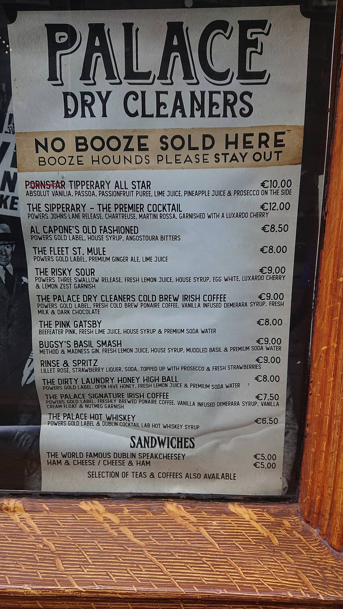Menu at The Palace Bar, Dublin, 21 Fleet St