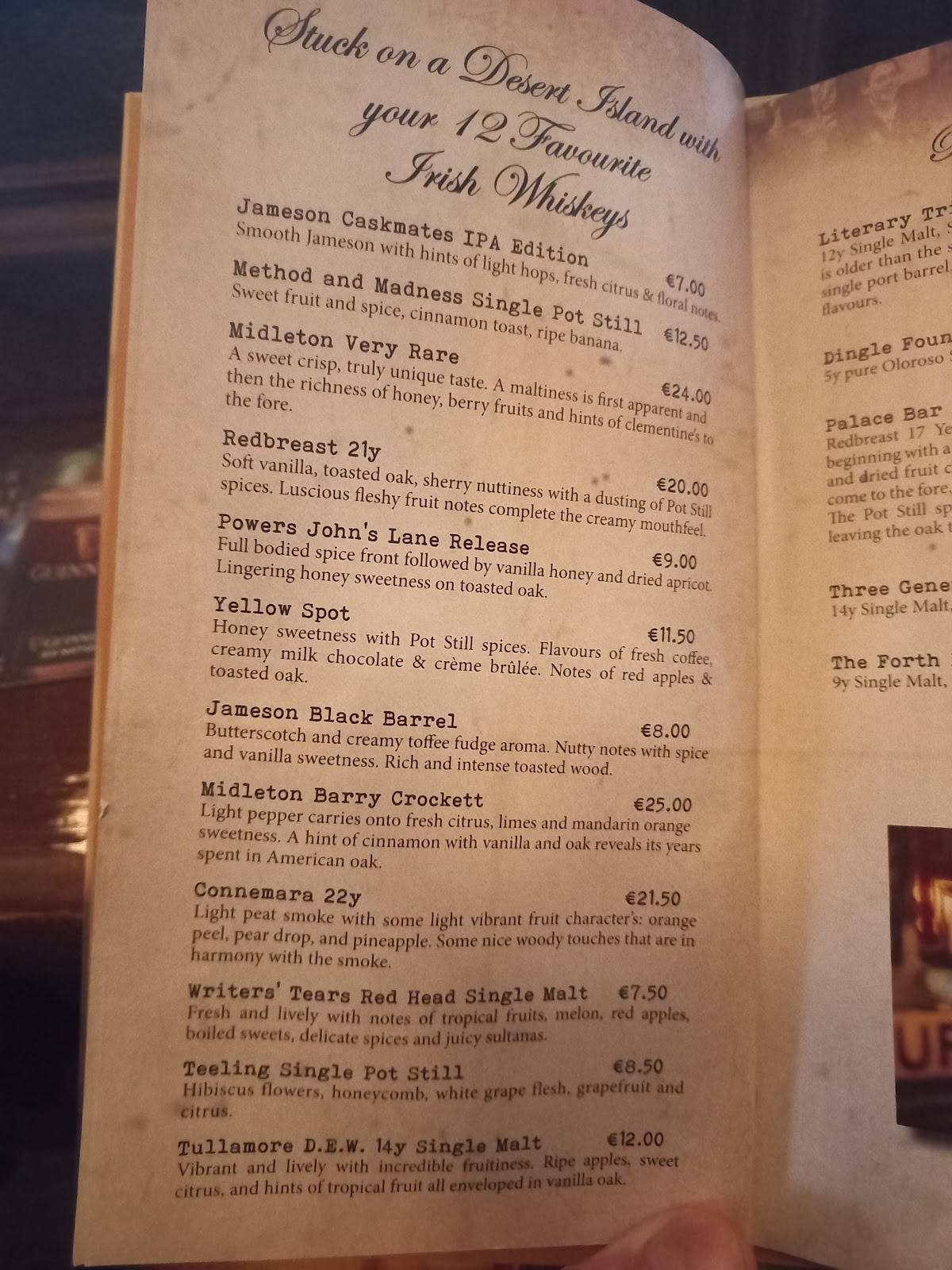 Menu at The Palace Bar, Dublin, 21 Fleet St