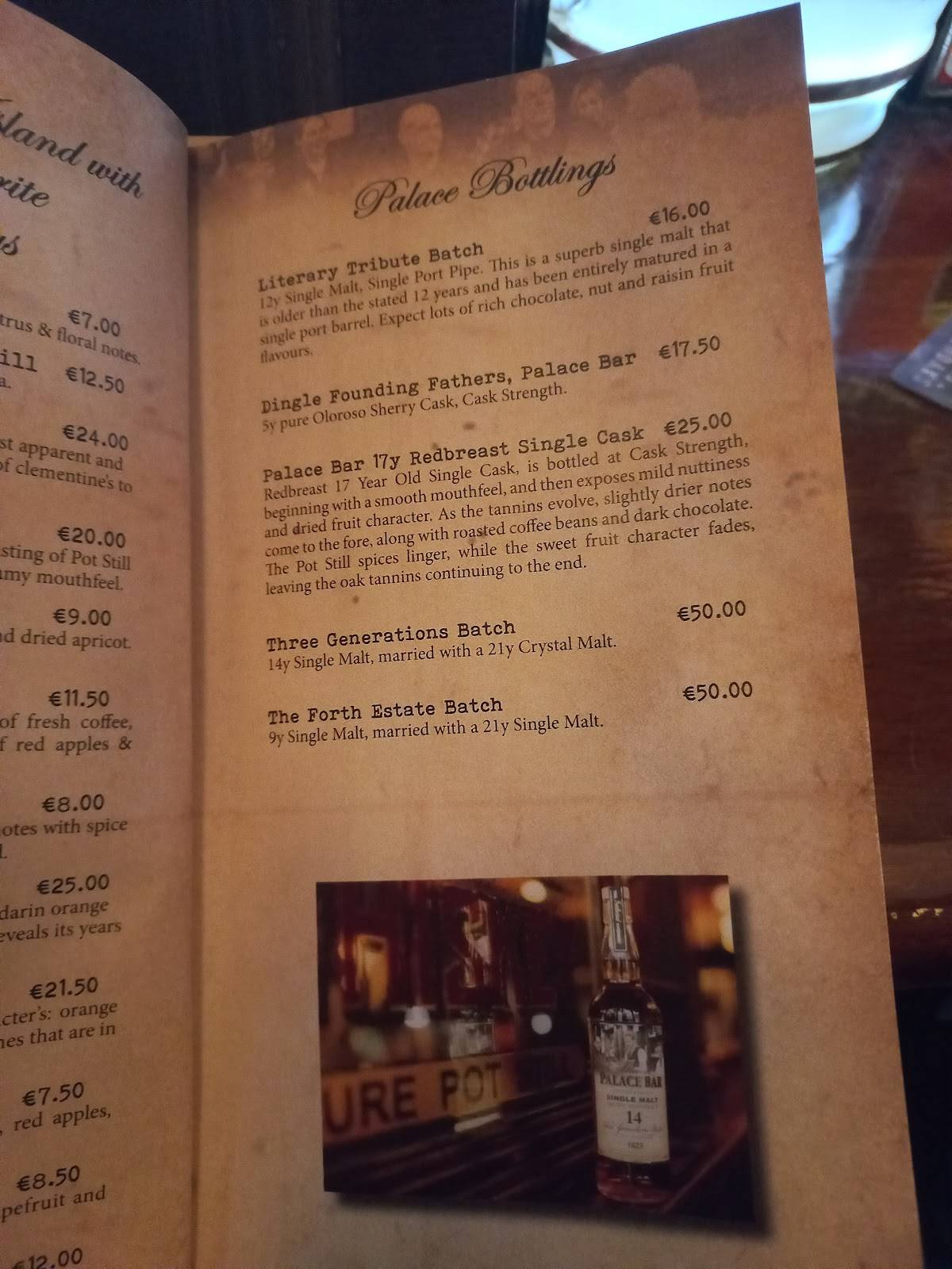 Menu at The Palace Bar, Dublin, 21 Fleet St
