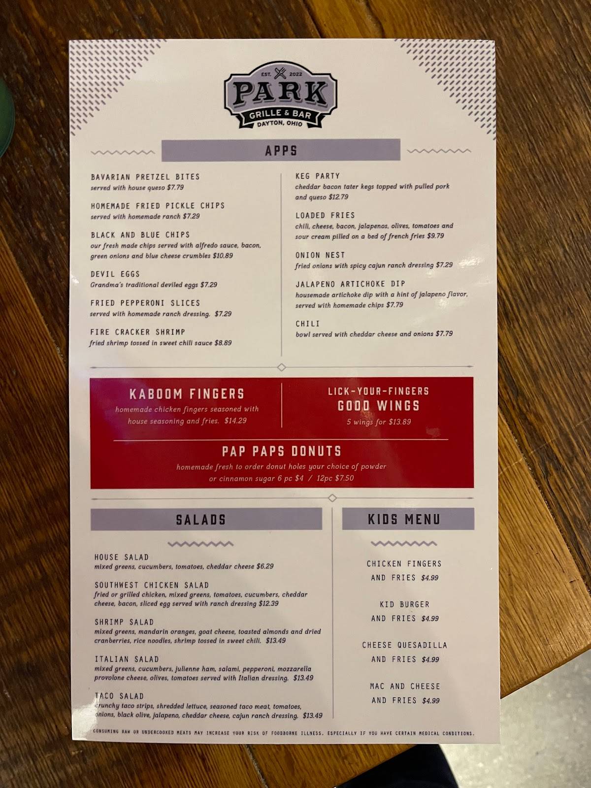 Carta de The Park Grille & Bar, Miamisburg