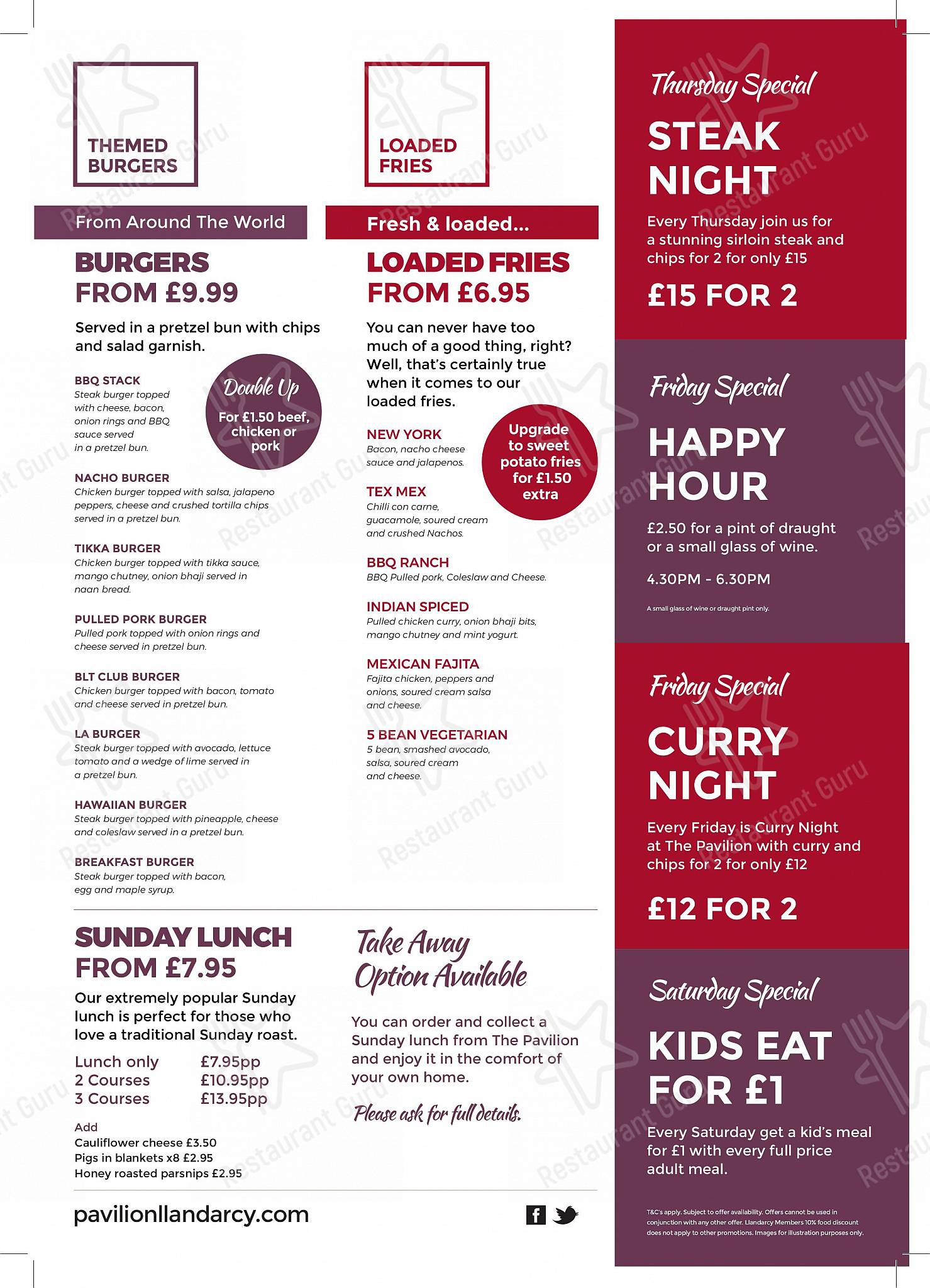 Menu at The Pavilion Llandarcy restaurant, Neath