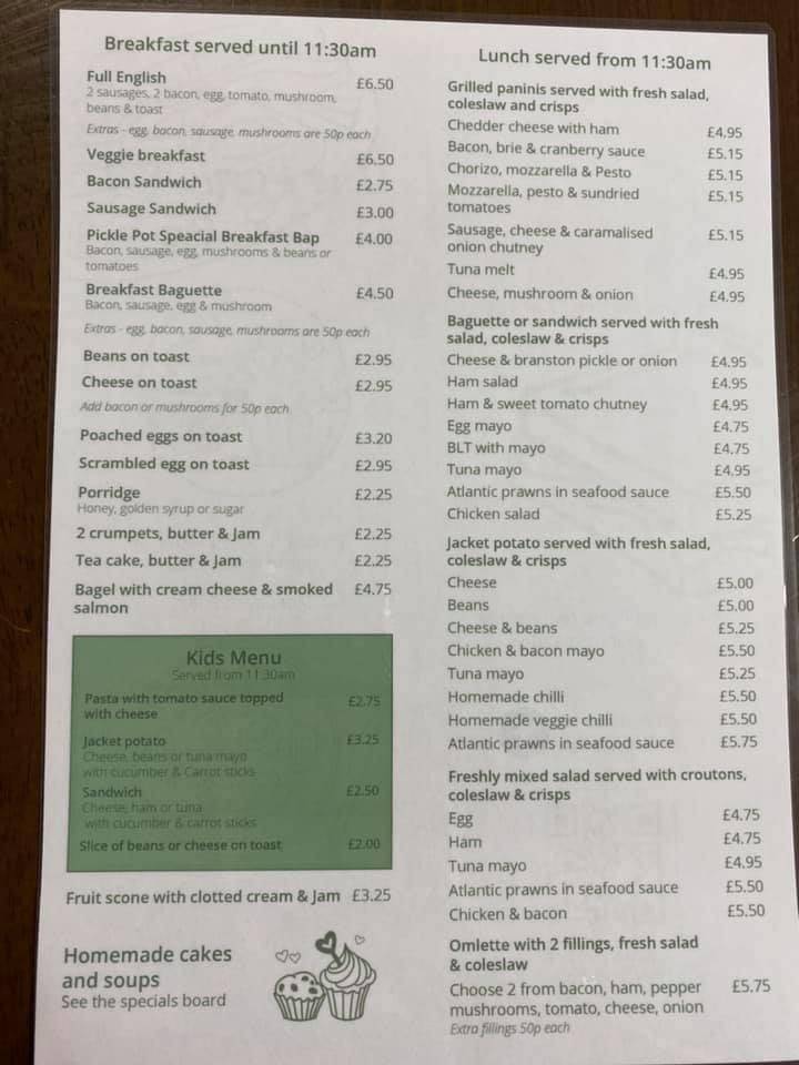 Menu at The Pickle Pot cafe, Burton upon Trent