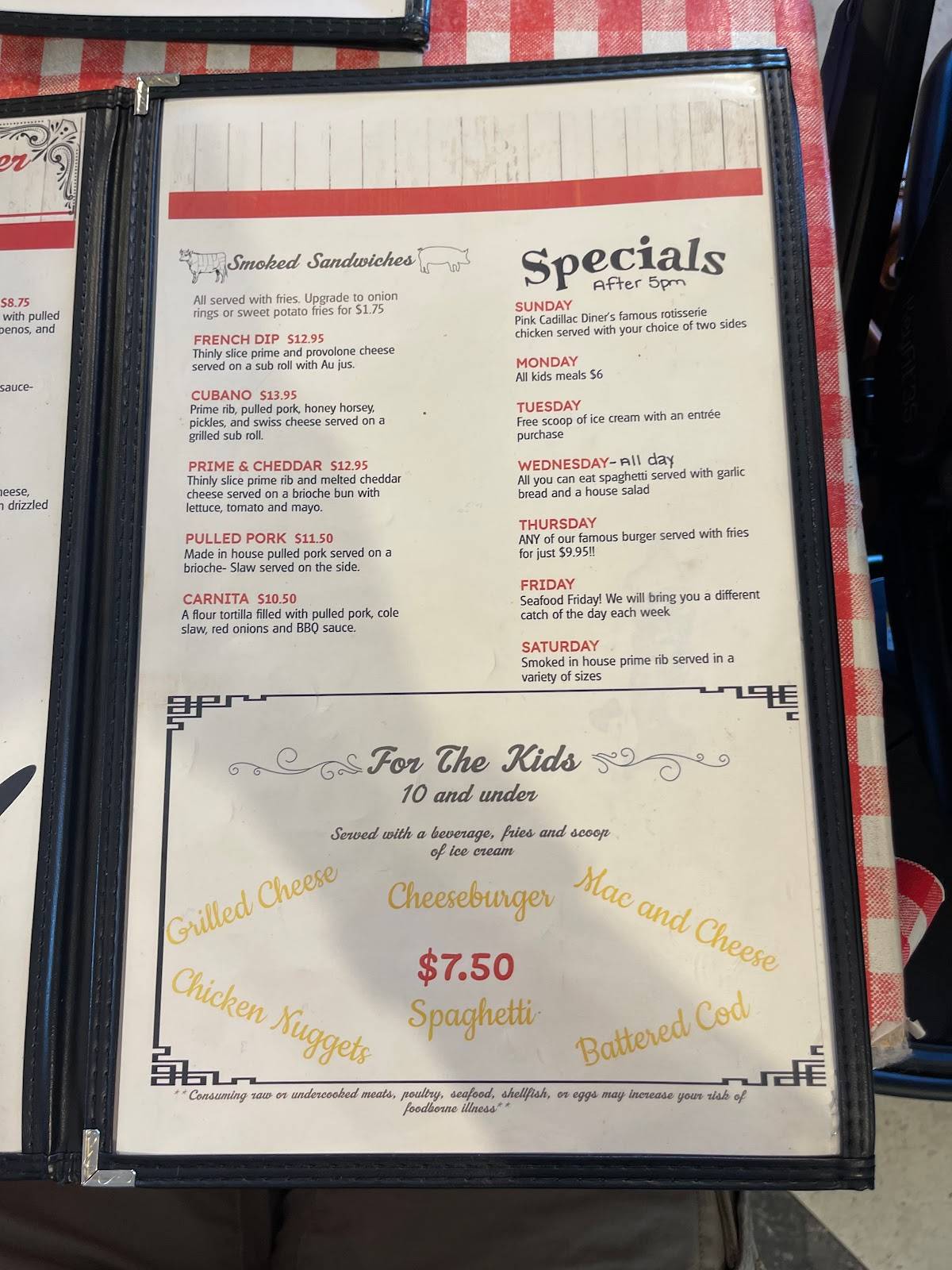 Menu at The Pink Cadillac Diner restaurant, USA, S Lee Hwy