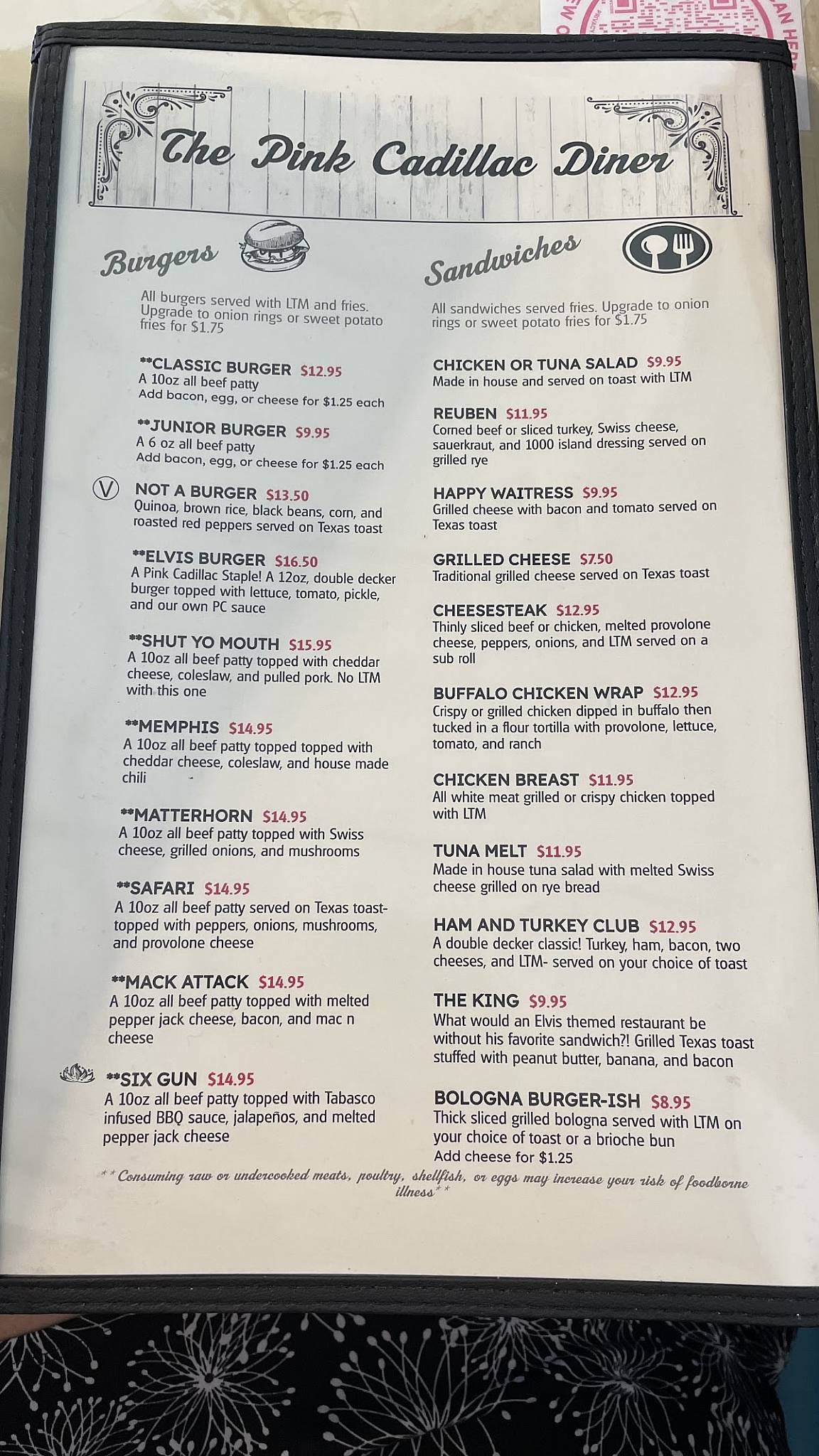Menu at The Pink Cadillac Diner restaurant, USA, S Lee Hwy
