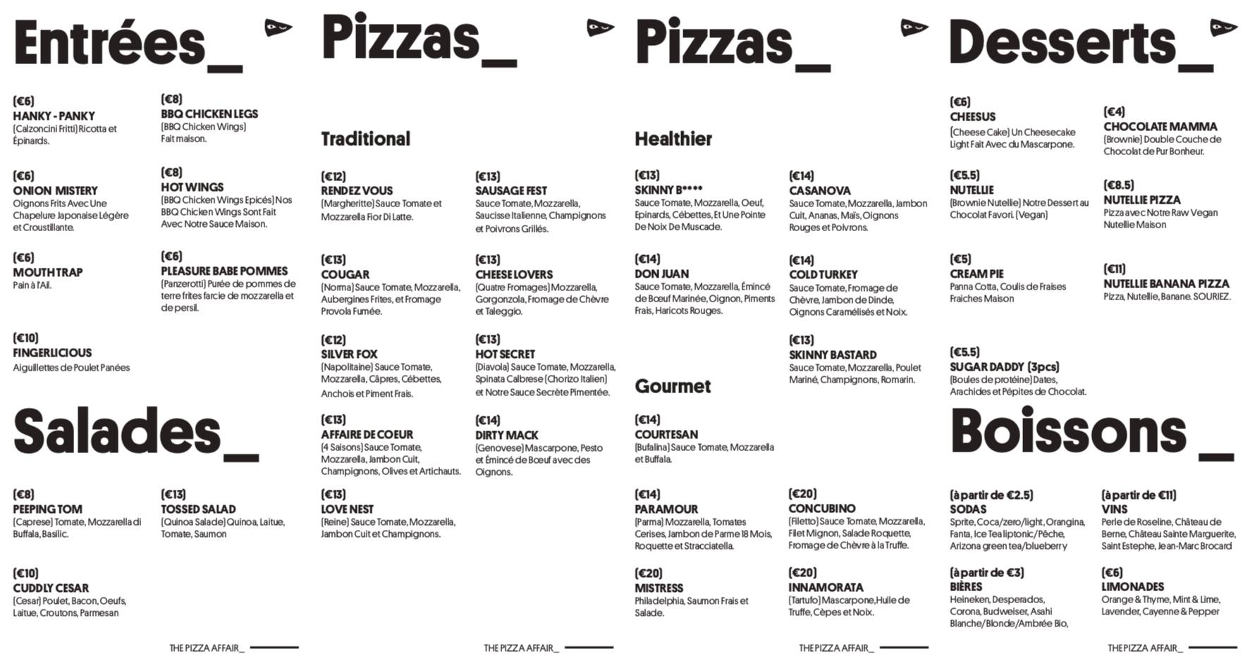 Menu au Pizza Affair pizzeria, Monaco