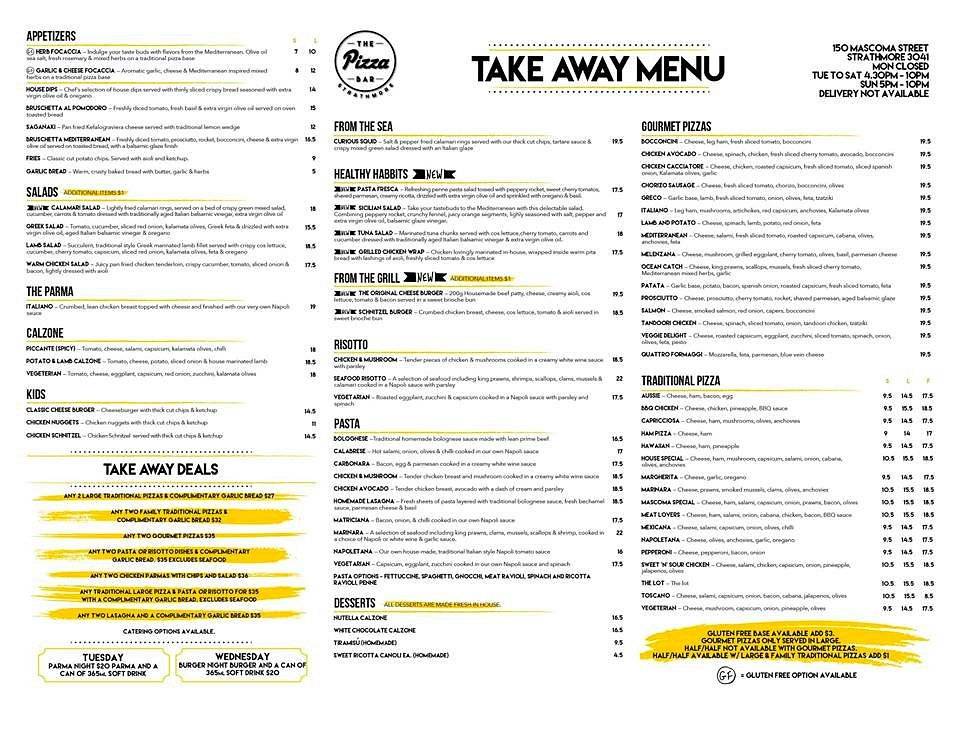 Carta de The Pizza Bar Diggers Rest, Diggers Rest