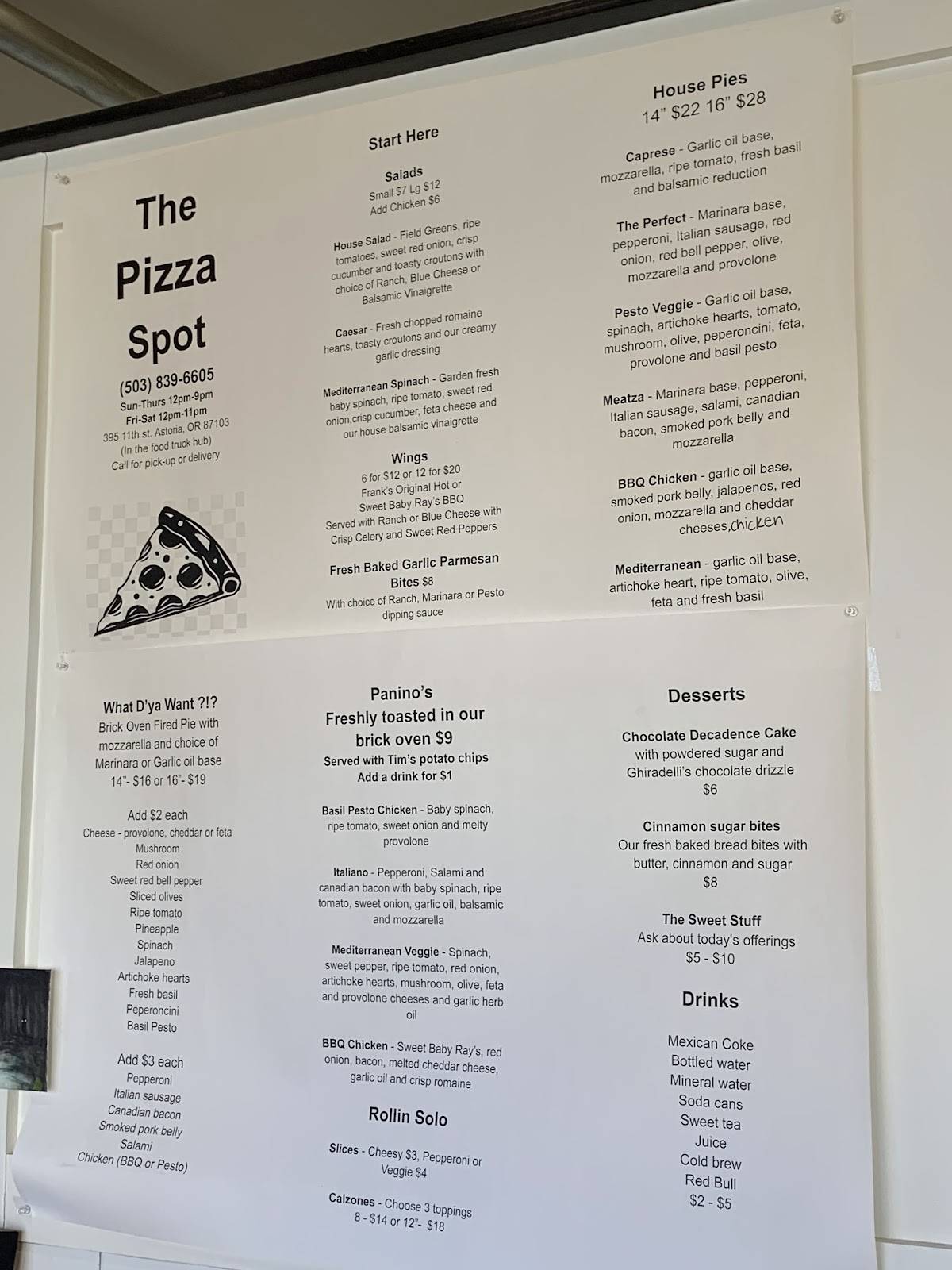 Menu at The Pizza Spot restaurant, Astoria
