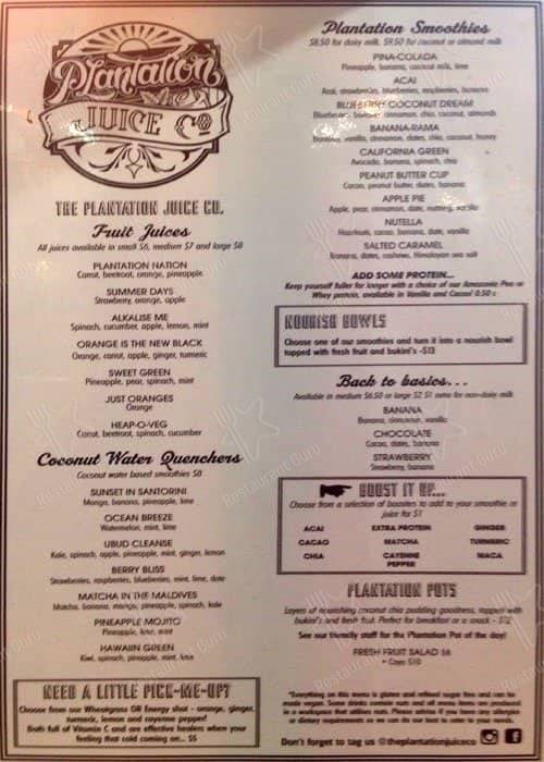 Menu at The Plantation Juice Co pub & bar, Adelaide