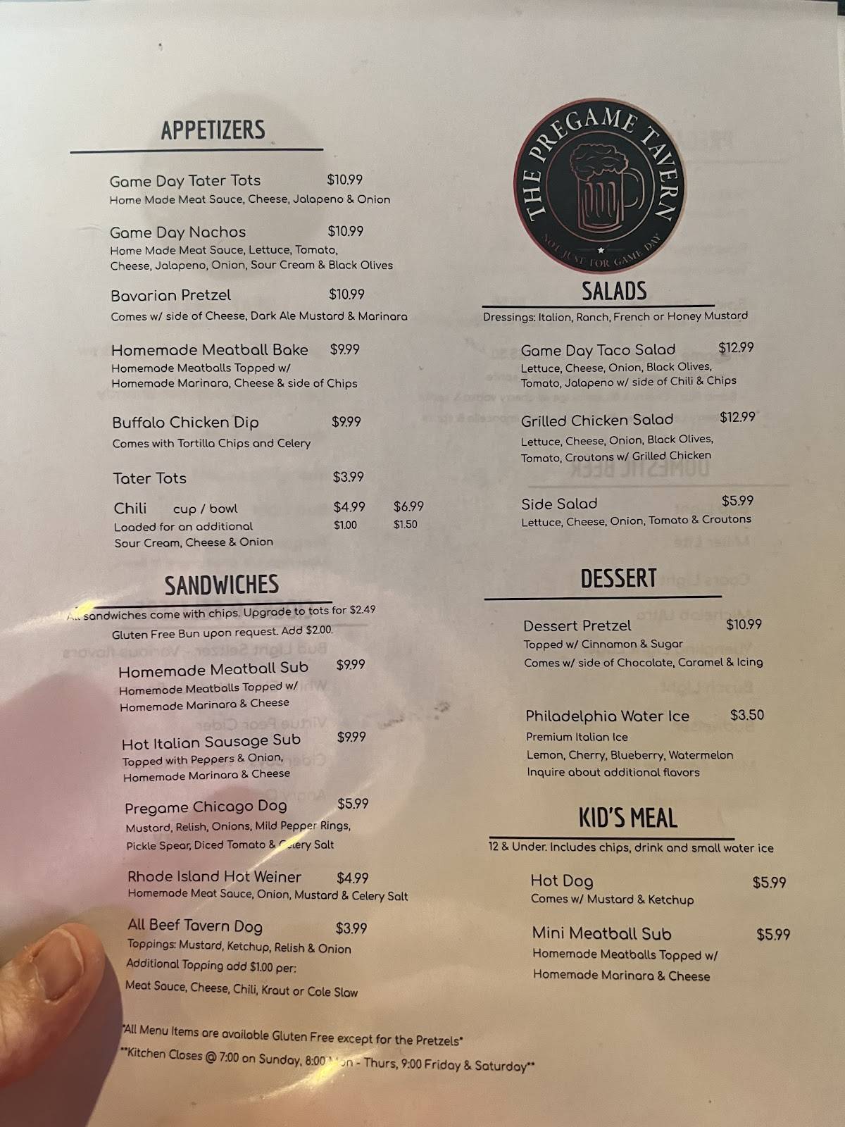 Menu at The PreGame Tavern pub & bar, Barberton