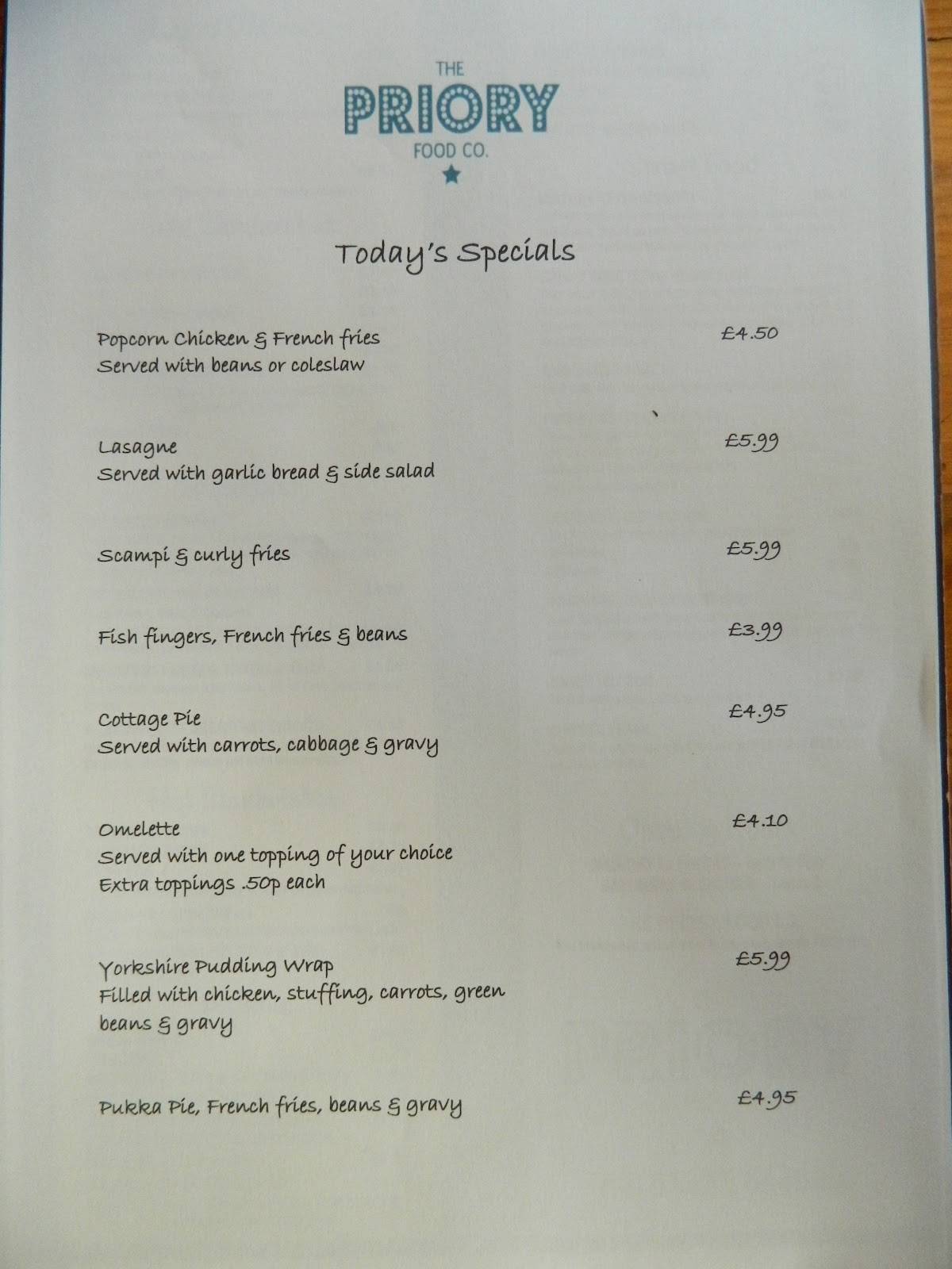 Menu at The Priory Food Co. cafe, Hessle