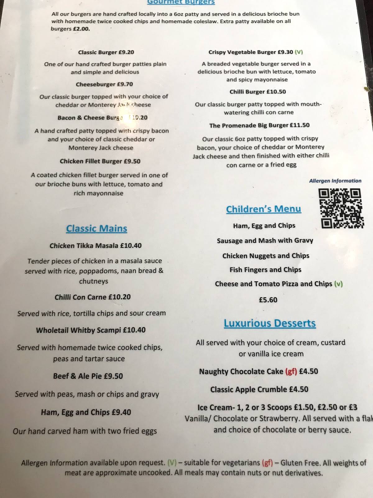 Menu at The Promenade pub & bar, Sunderland