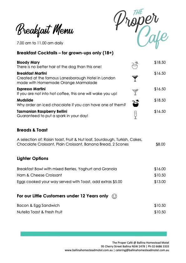 Menu at The Proper Cafe, Ballina