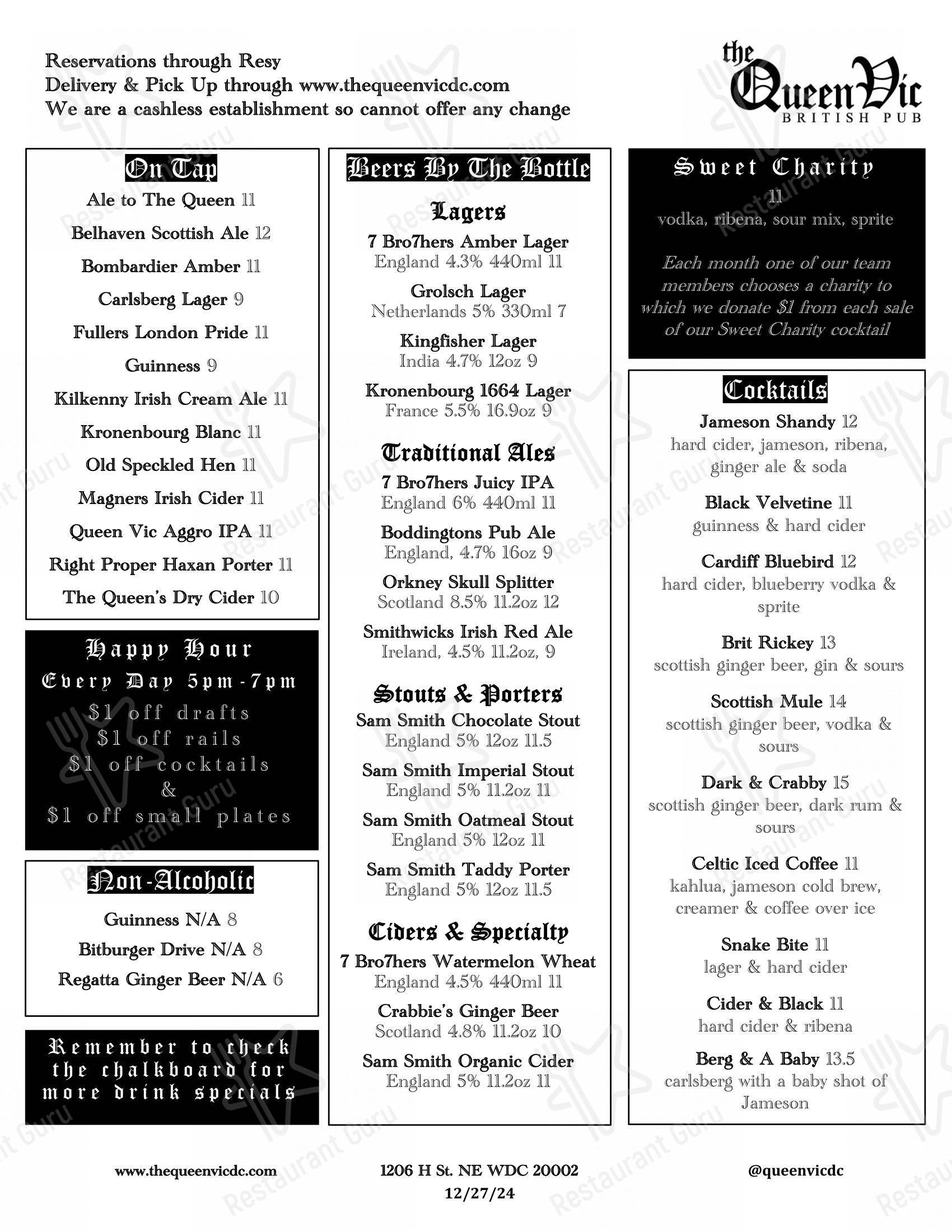 Menu at The Queen Vic pub & bar, Washington