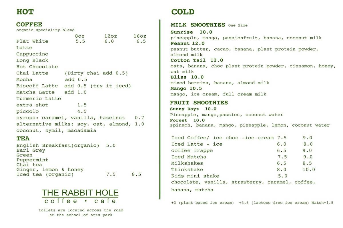 Menu at The Rabbit Hole Coffee Cafe, Biloela