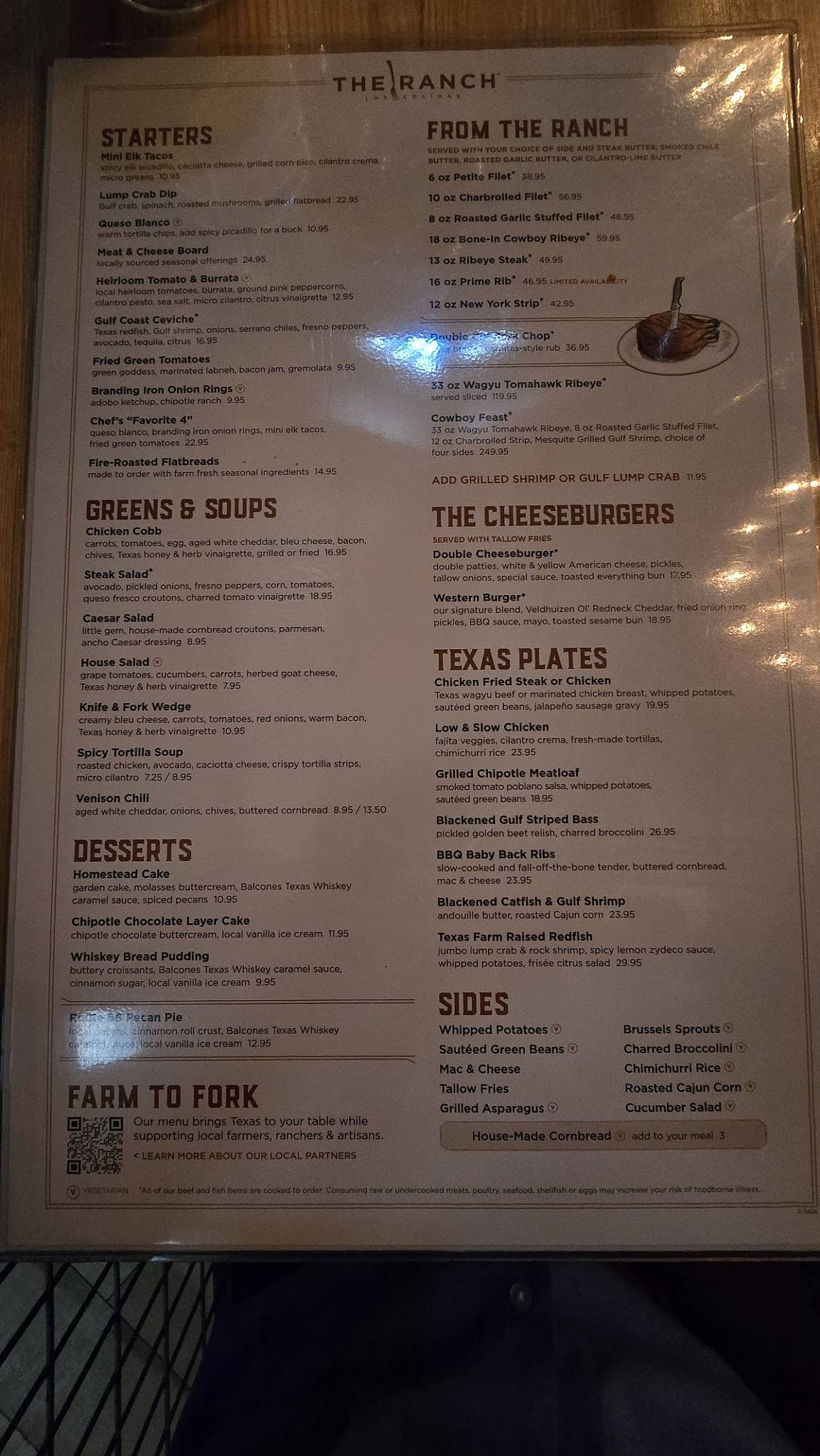 Menu at The Ranch at Las Colinas steakhouse, Irving