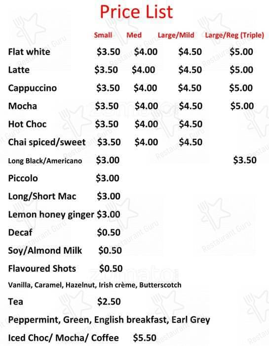 Menu at The Remedy Espresso cafe, Wellington