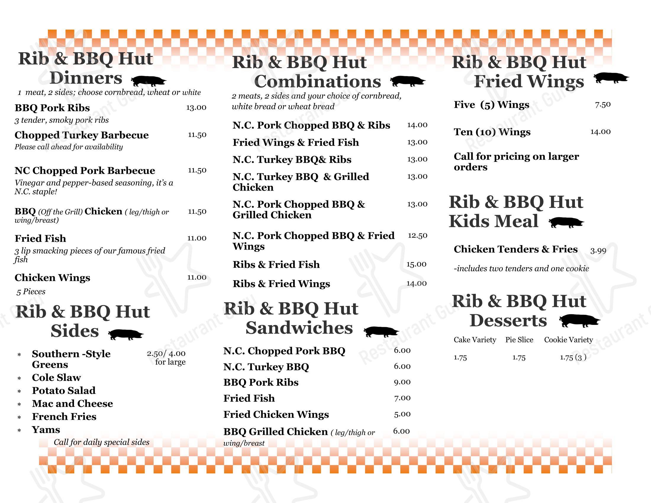 Carta de The Rib and Barbecue Hut, Temple Hills