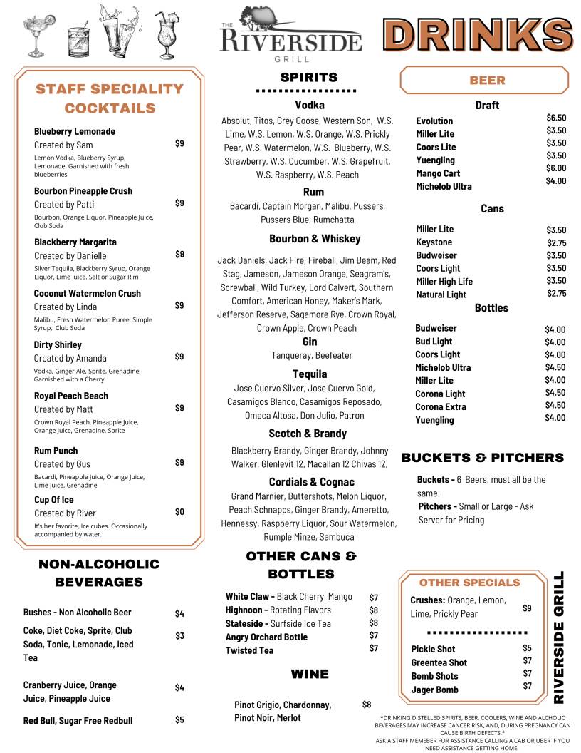 Menu at The Riverside Grill pub & bar, Long Neck, River Rd