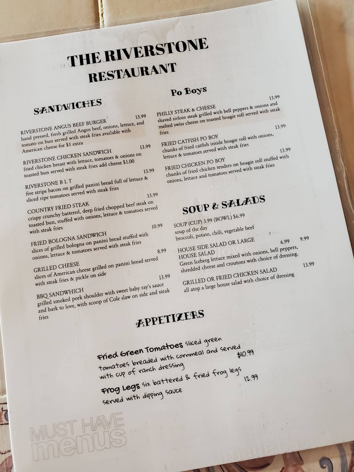 Menu at The Riverstone Restaurant, Townsend