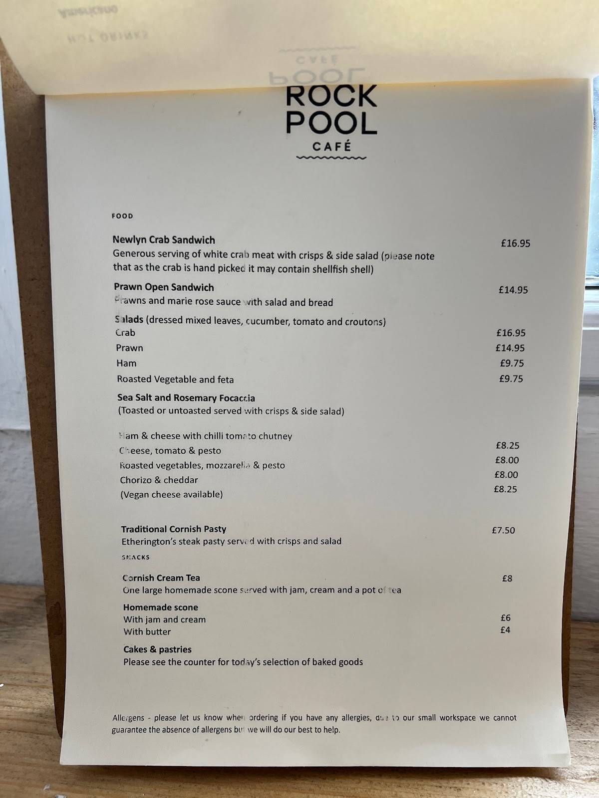 Menu at The Rock Pool Cafe, Penzance