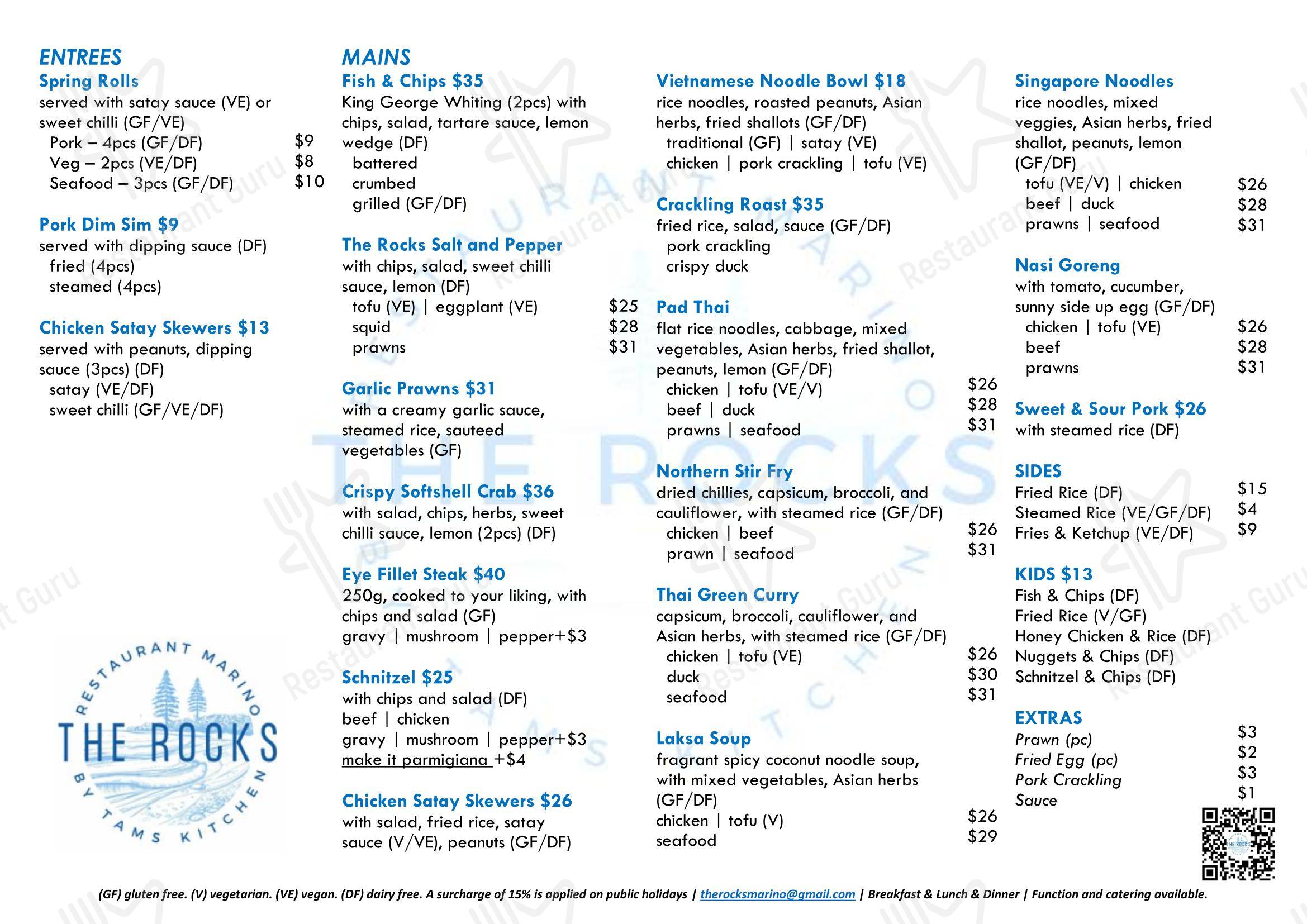 Menu at The Rocks Marino Restaurant, Marino