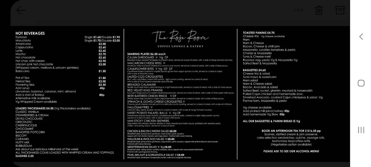 Menu at The Rose Room - Coffee Lounge & Eatery restaurant, Reigate