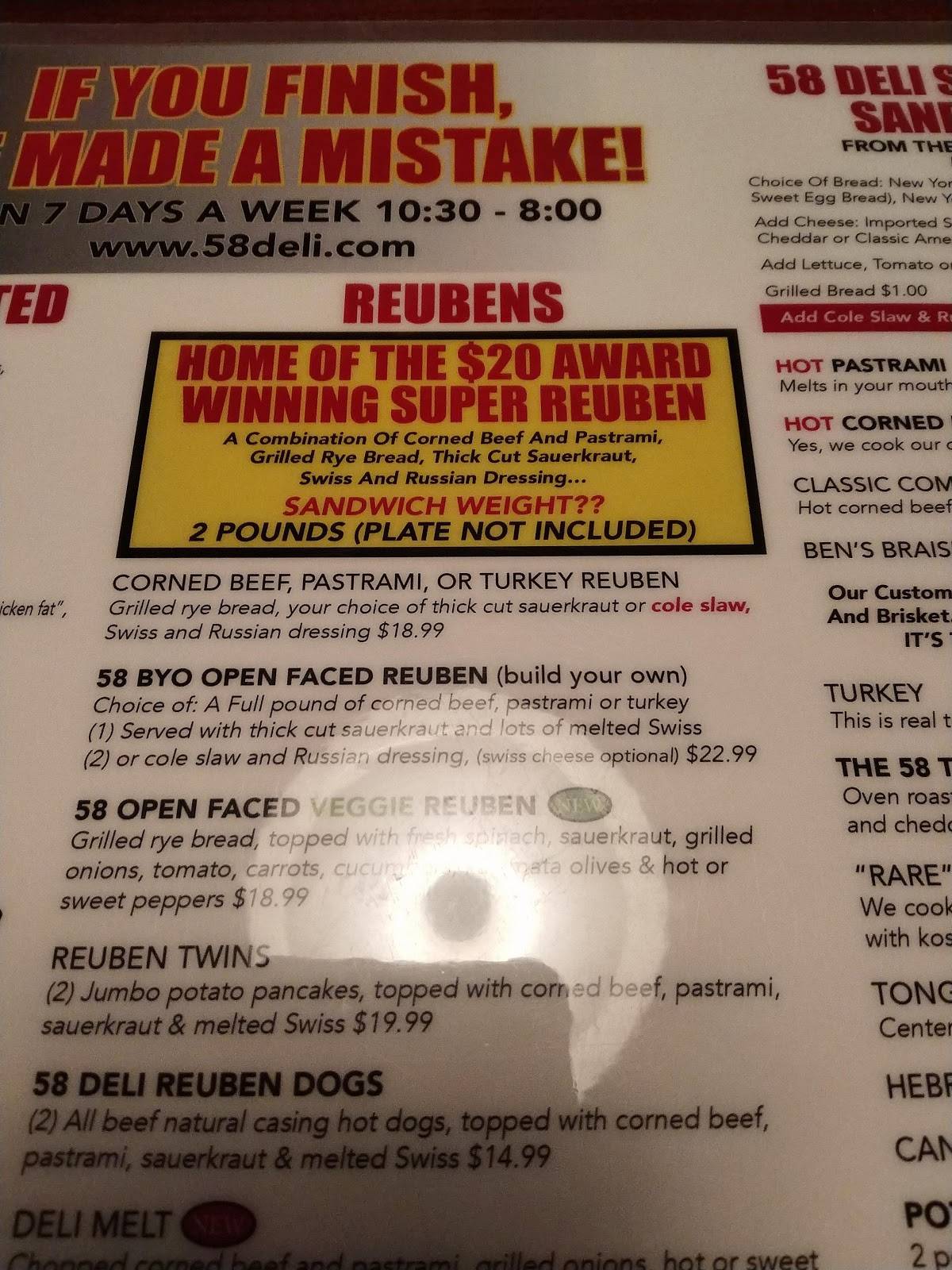 Menu at The Route 58 Deli restaurant, Virginia Beach
