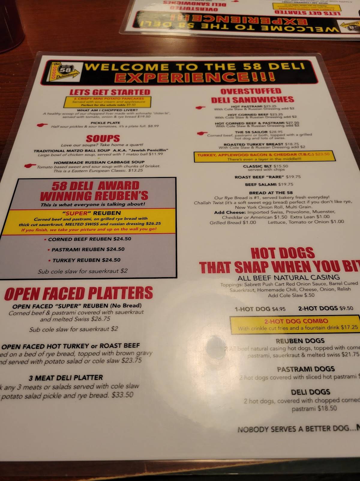 Menu at The Route 58 Deli restaurant, Virginia Beach