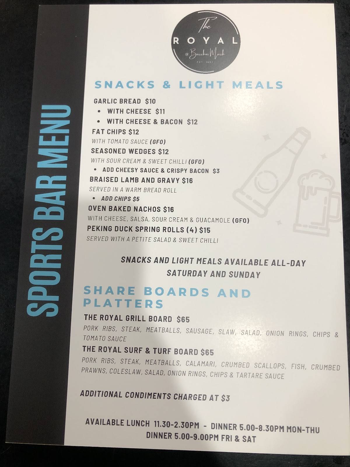 Menu at The Royal Hotel pub & bar, Bacchus Marsh