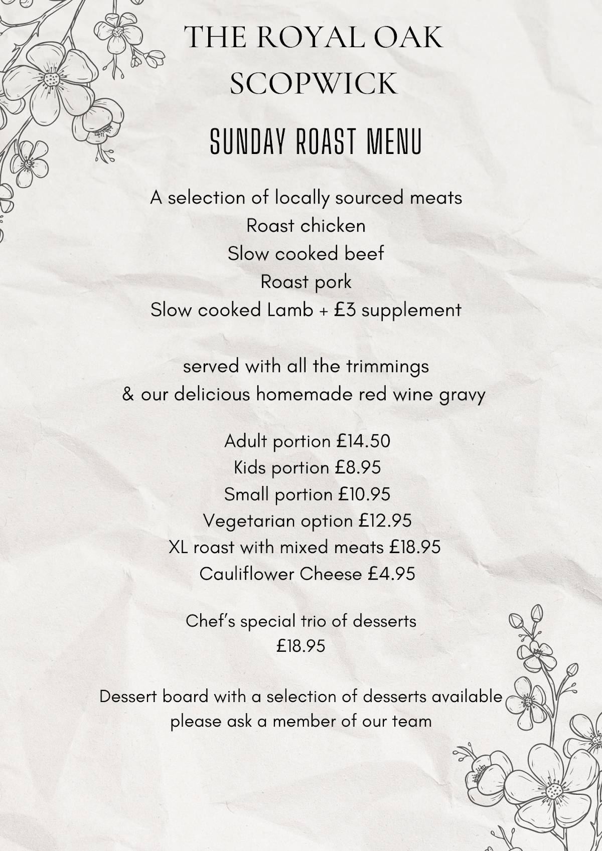Menu at The Royal Oak Scopwick pub & bar, Metheringham