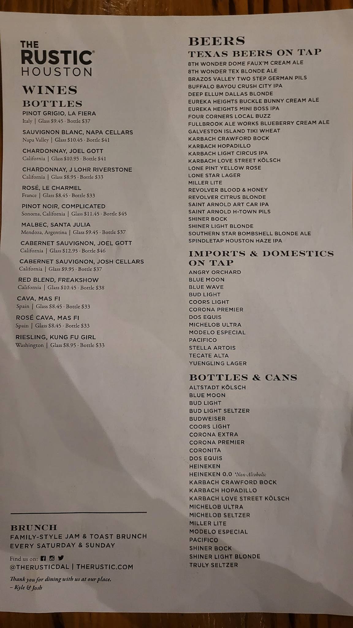 Menu at The Rustic pub & bar, Houston, Polk St