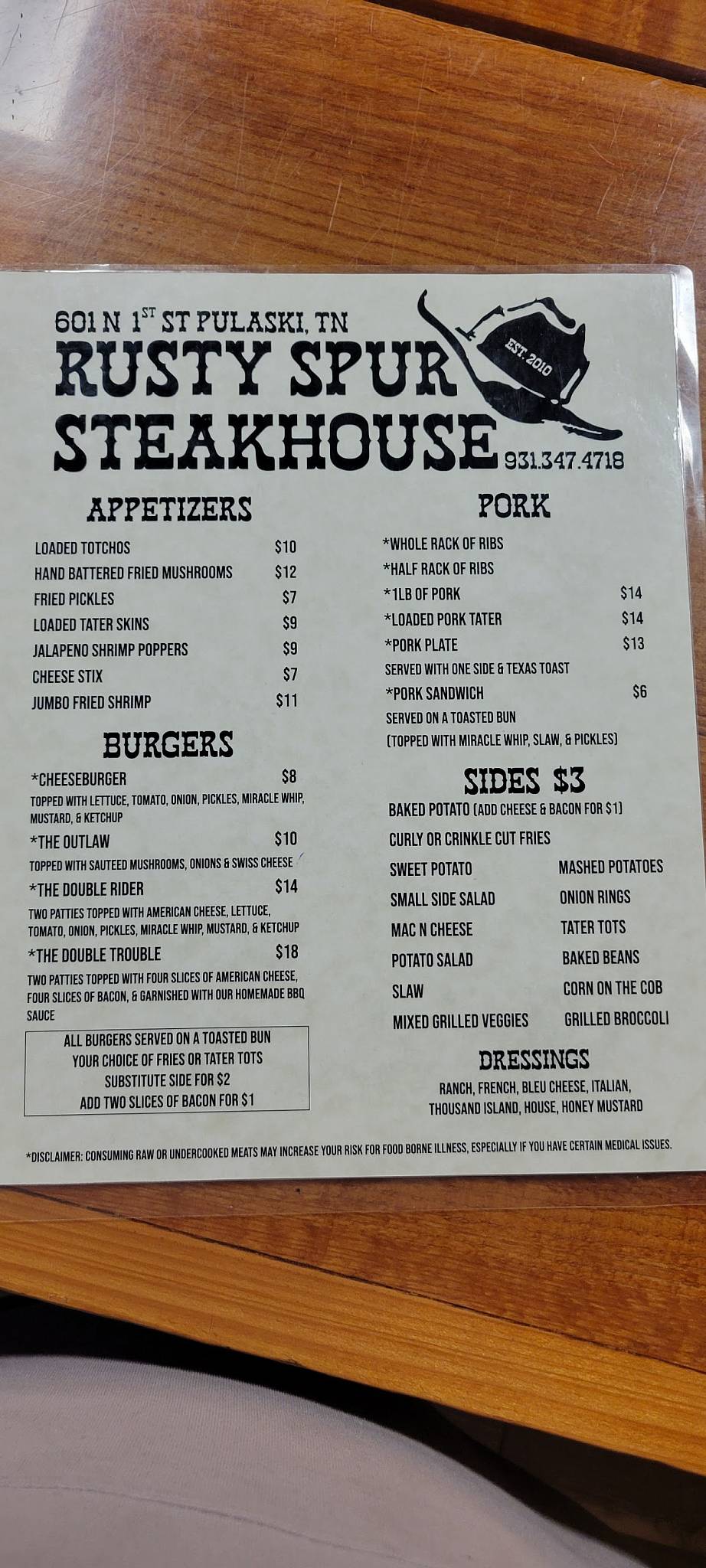 Menu at The Rusty Spur Steakhouse, Pulaski