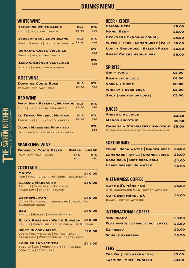 Menu at The Saigon Kitchen restaurant, Bristol