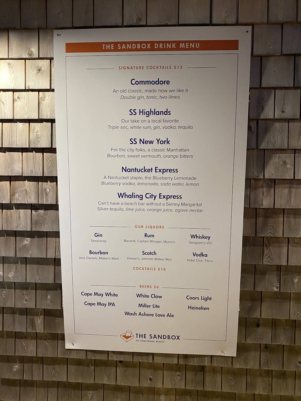 Menu at The Sandbox at Seastreak Beach pub & bar, Highlands