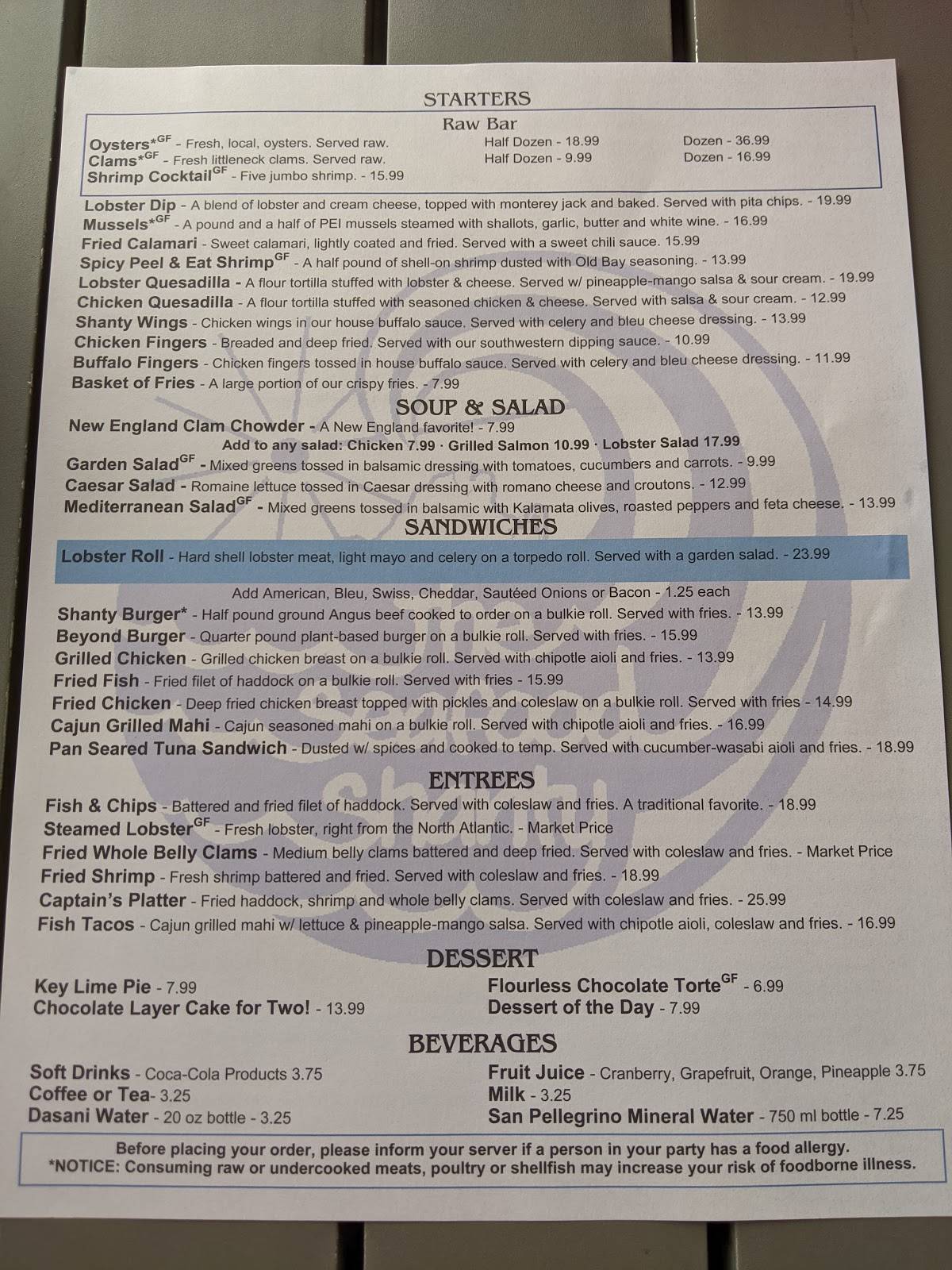 Menu at The Seafood Shanty restaurant, Edgartown