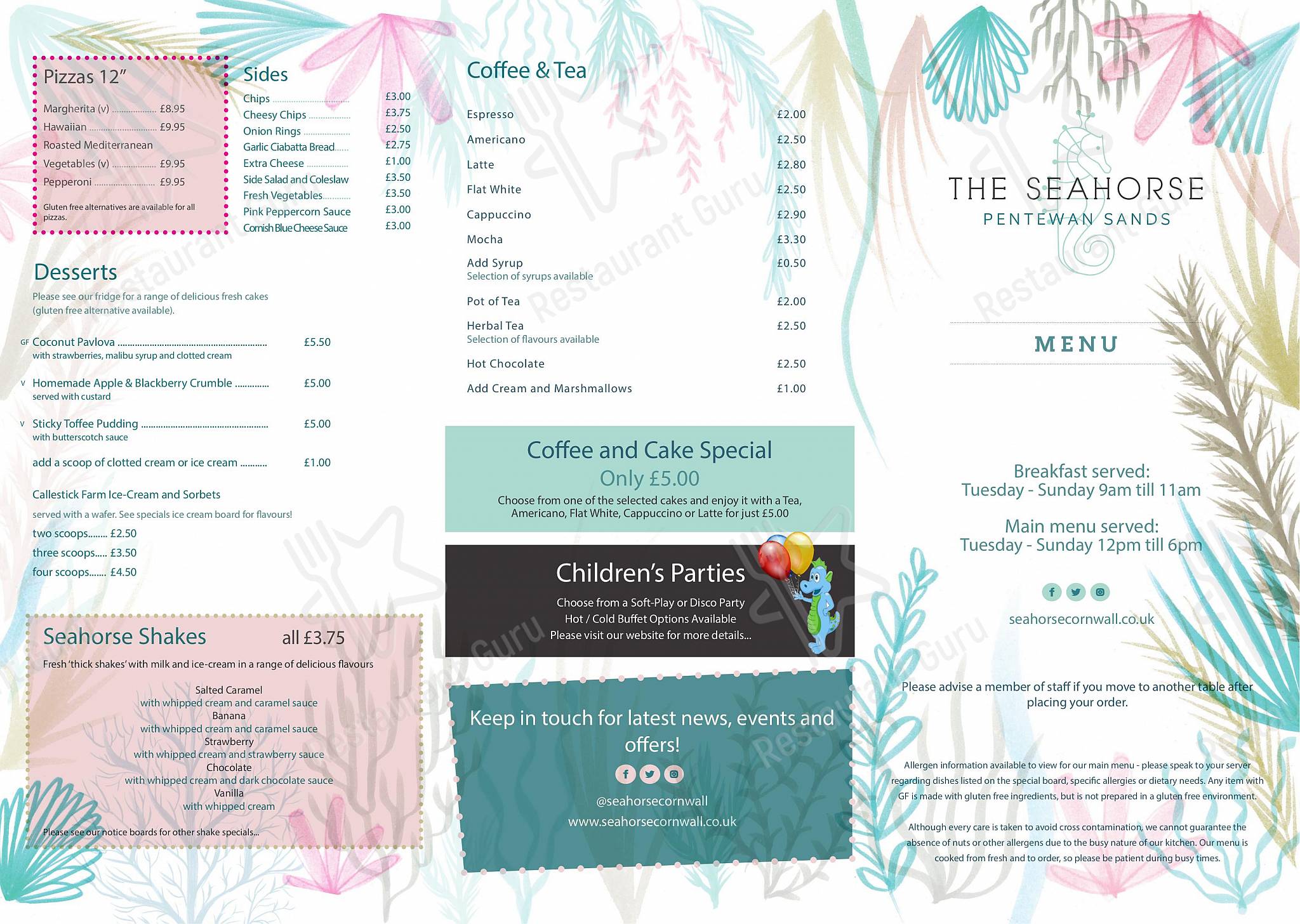 Menu at The Seahorse restaurant, Pentewan