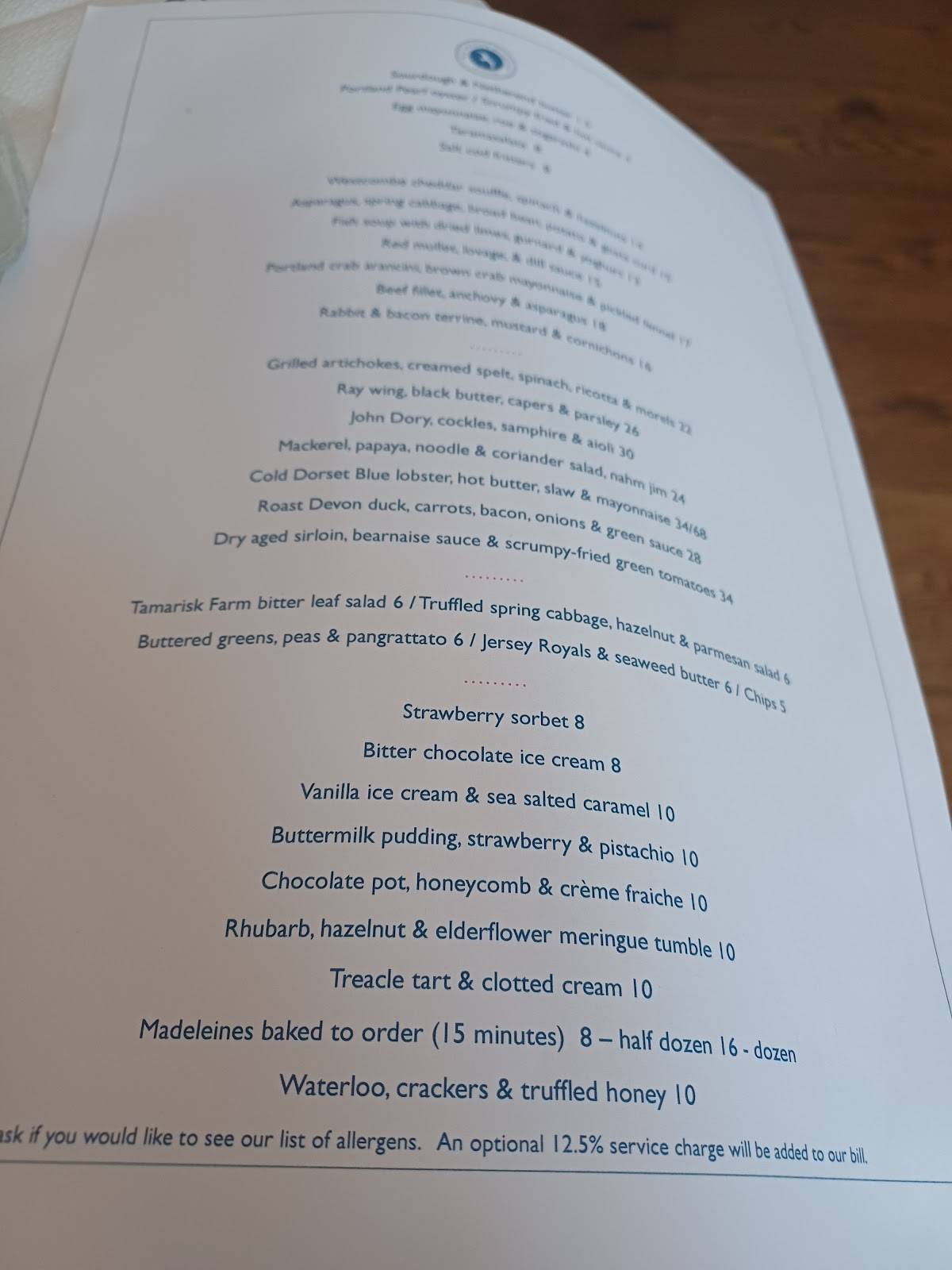 Menu at The Seaside Boarding House restaurant, Bridport