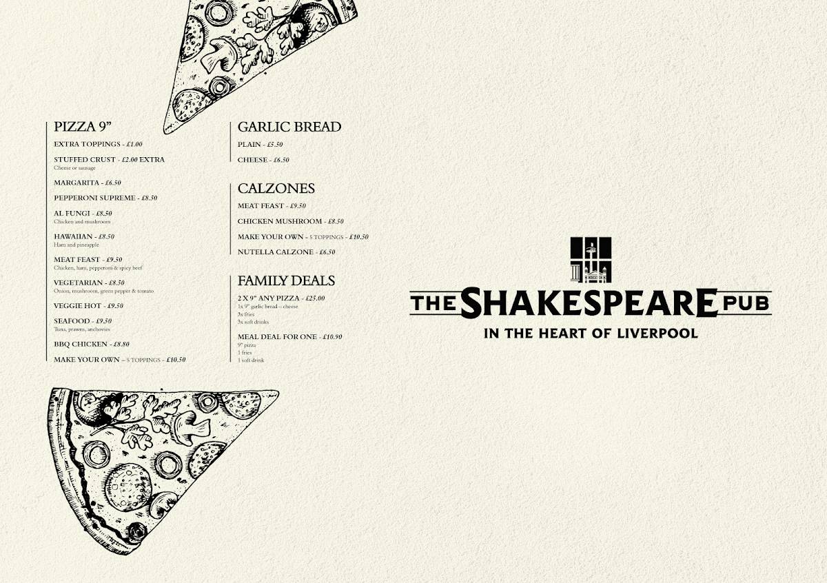 Menu at The Shakespeare pub & bar, Liverpool