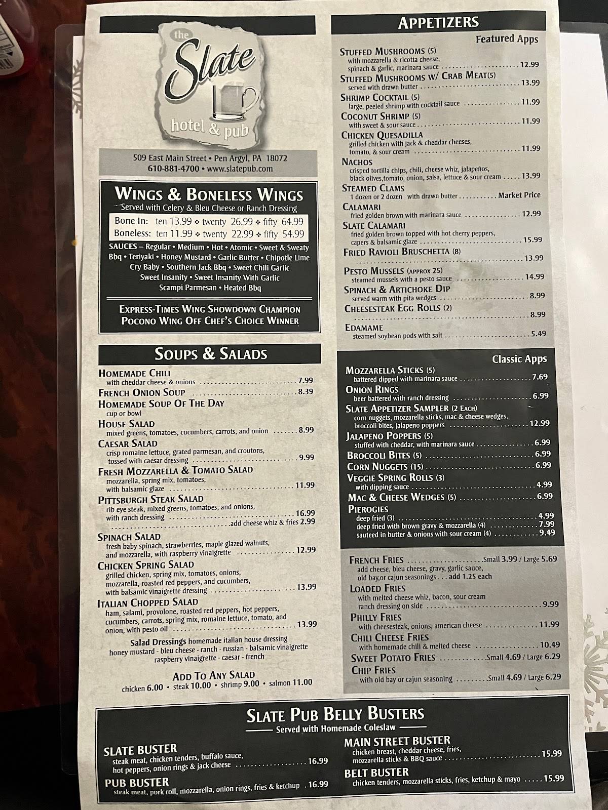 Menu at The Slate Hotel & Pub, Pen Argyl