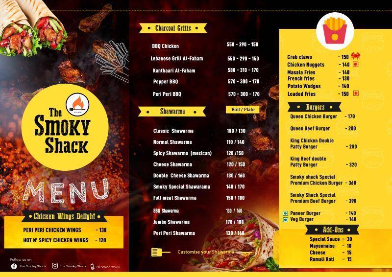 Menu at The Smoky Shack, Chengannur