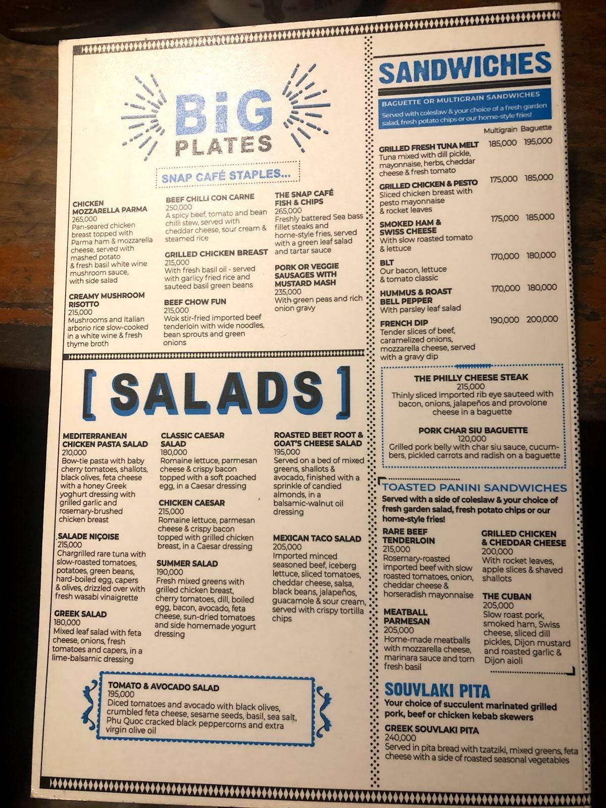 Menu at The Snap Cafe, Ho Chi Minh City