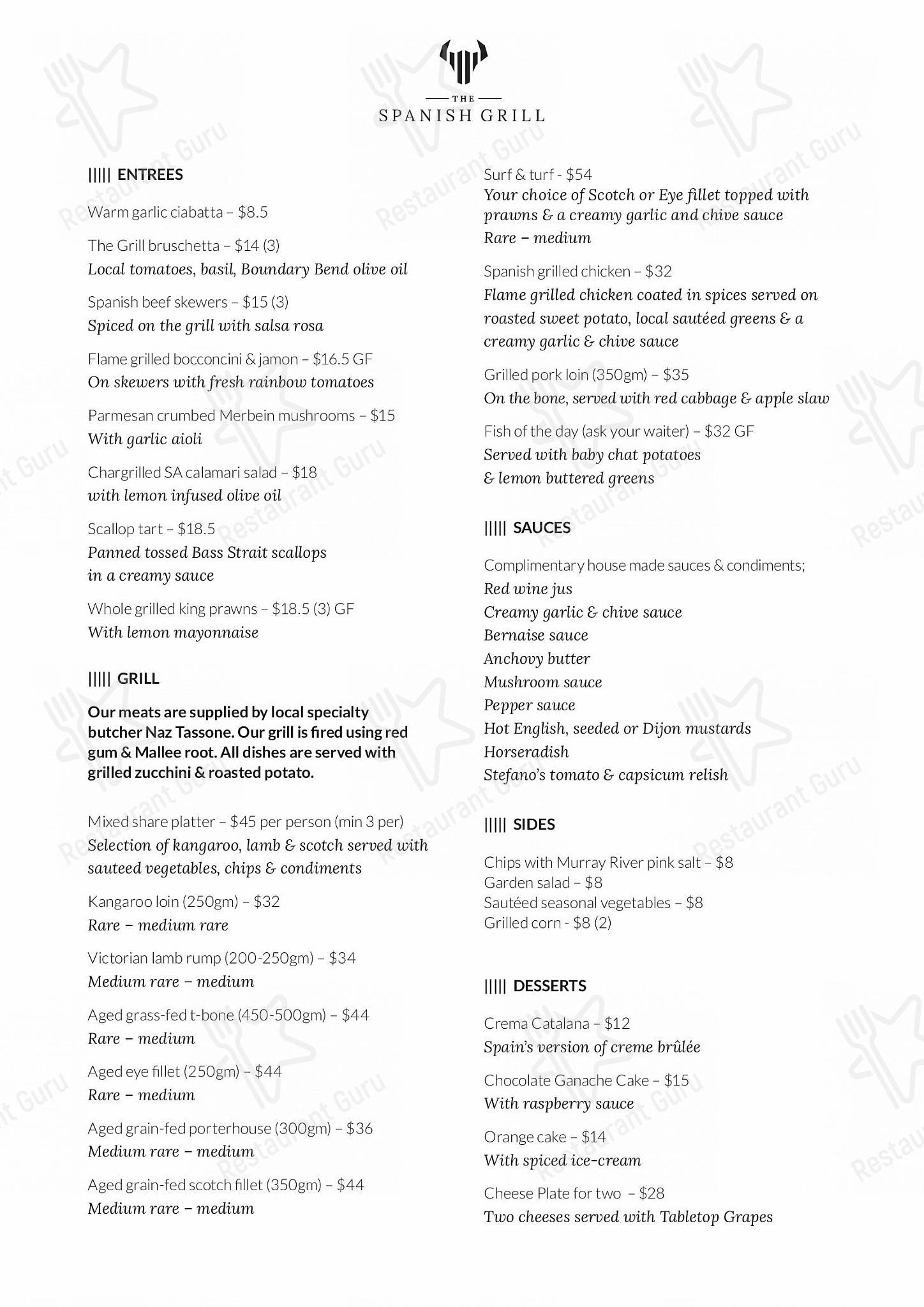 Menu at The Spanish Grill restaurant, Mildura