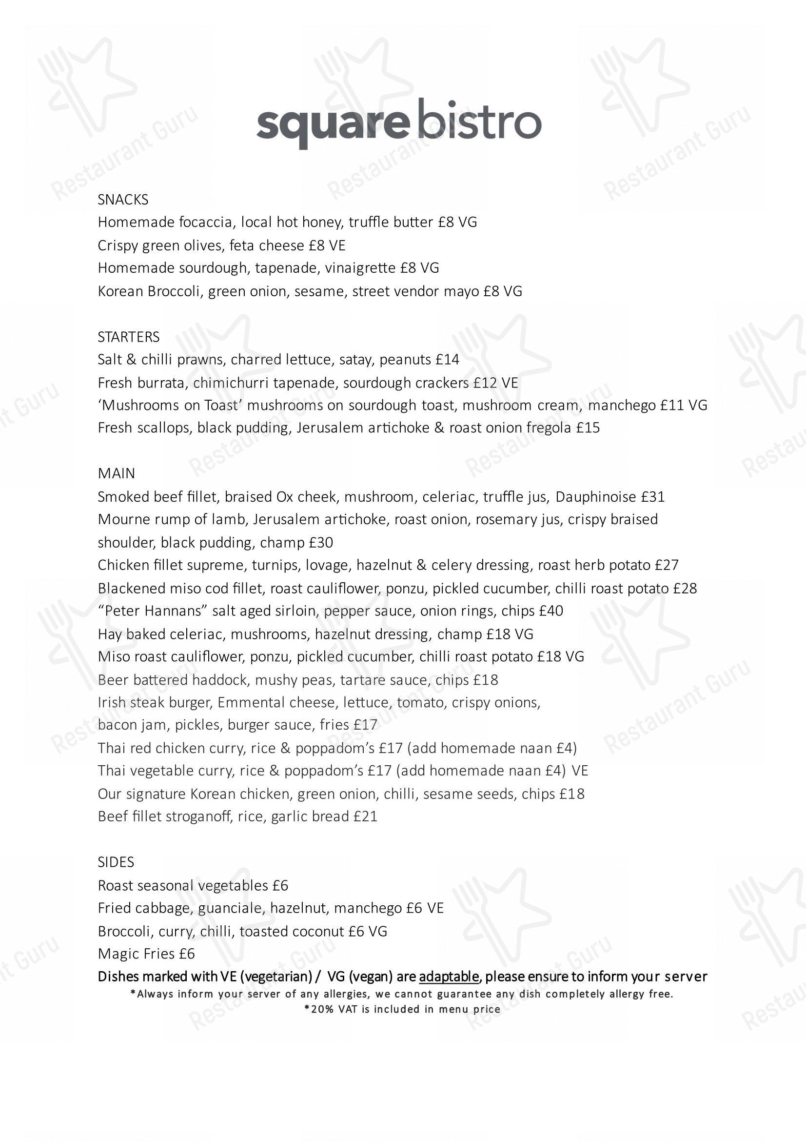 Menu at The Square Bistro restaurant, Lisburn