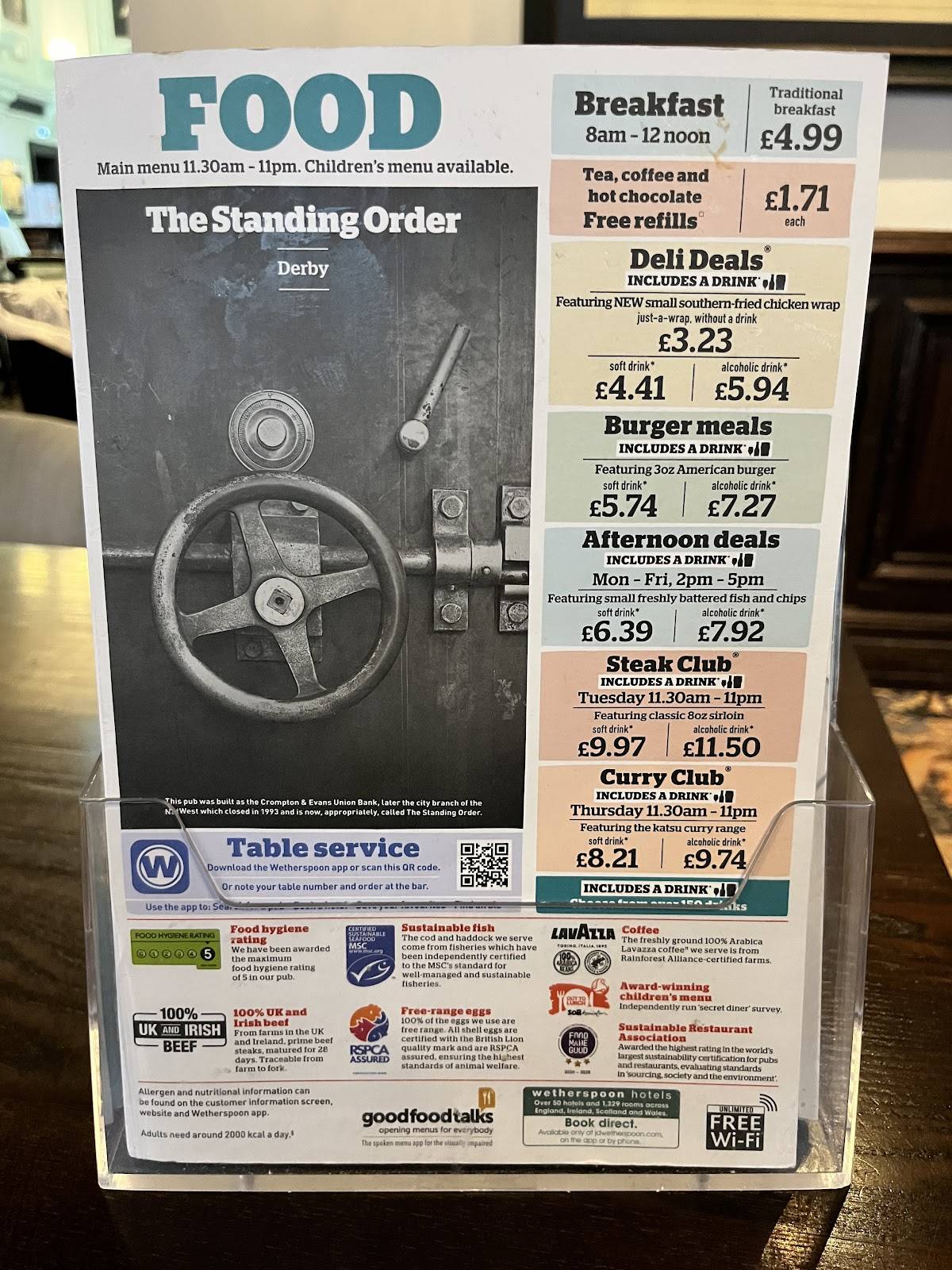 Menu at The Standing Order - JD Wetherspoon pub & bar, Derby