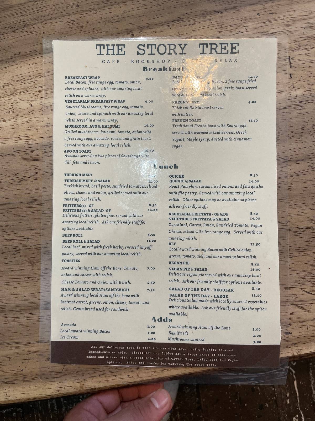 Menu at The Story Tree cafe, Boonah