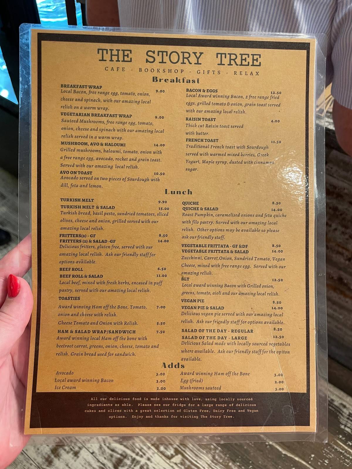 Menu at The Story Tree cafe, Boonah