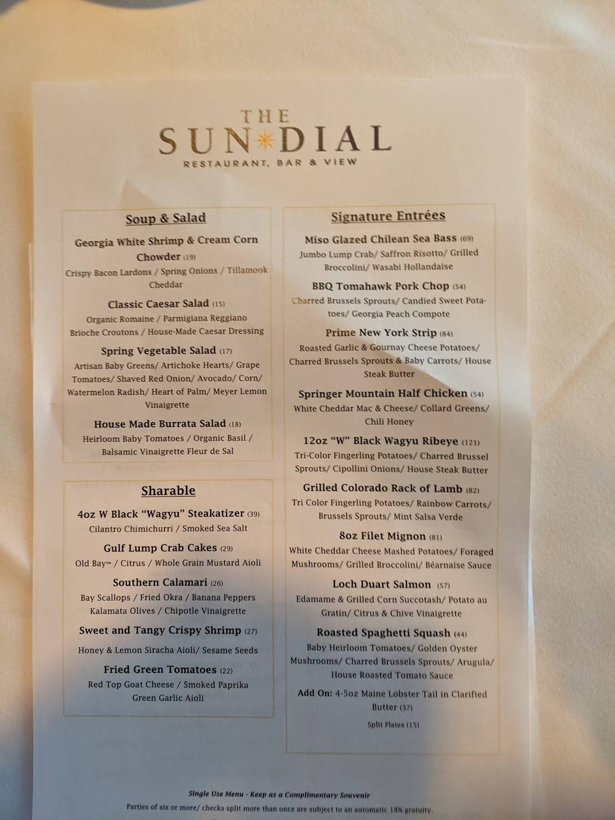 Menu at The Sun Dial Restaurant, Bar & View, Atlanta