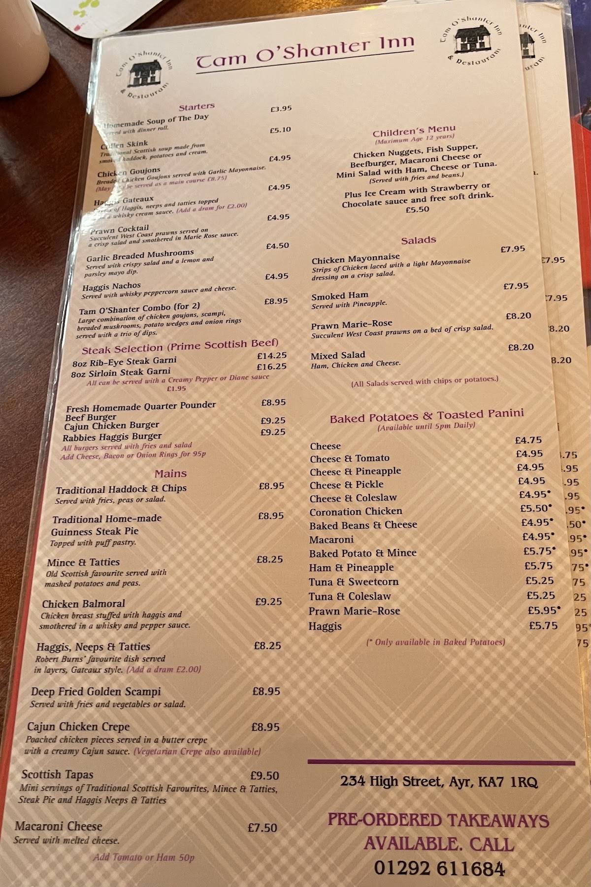 Menu at The Tam O'Shanter Inn pub & bar, Ayr