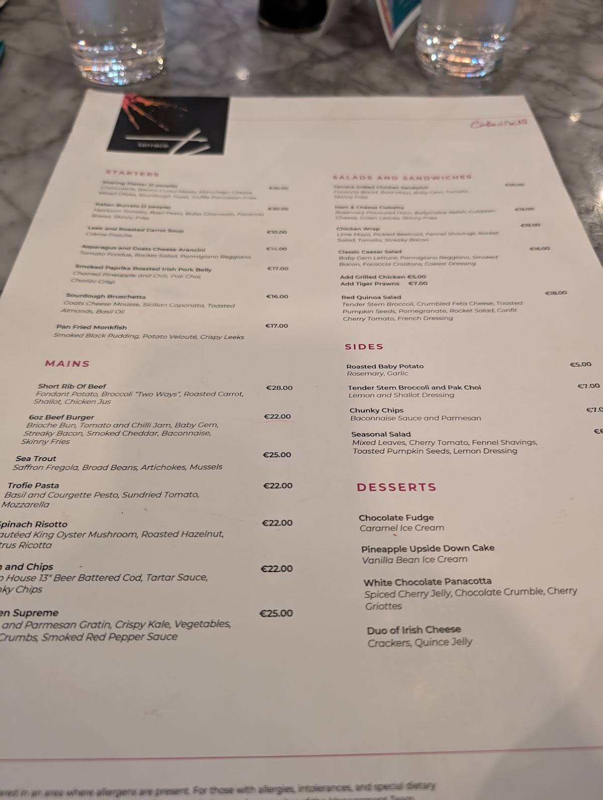 Menu at The Terrace Kitchen & Social House restaurant, Dublin