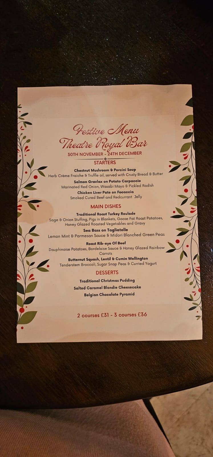 Menu at The Theatre Royal Bar, Edinburgh, 25-27 Calton Sq
